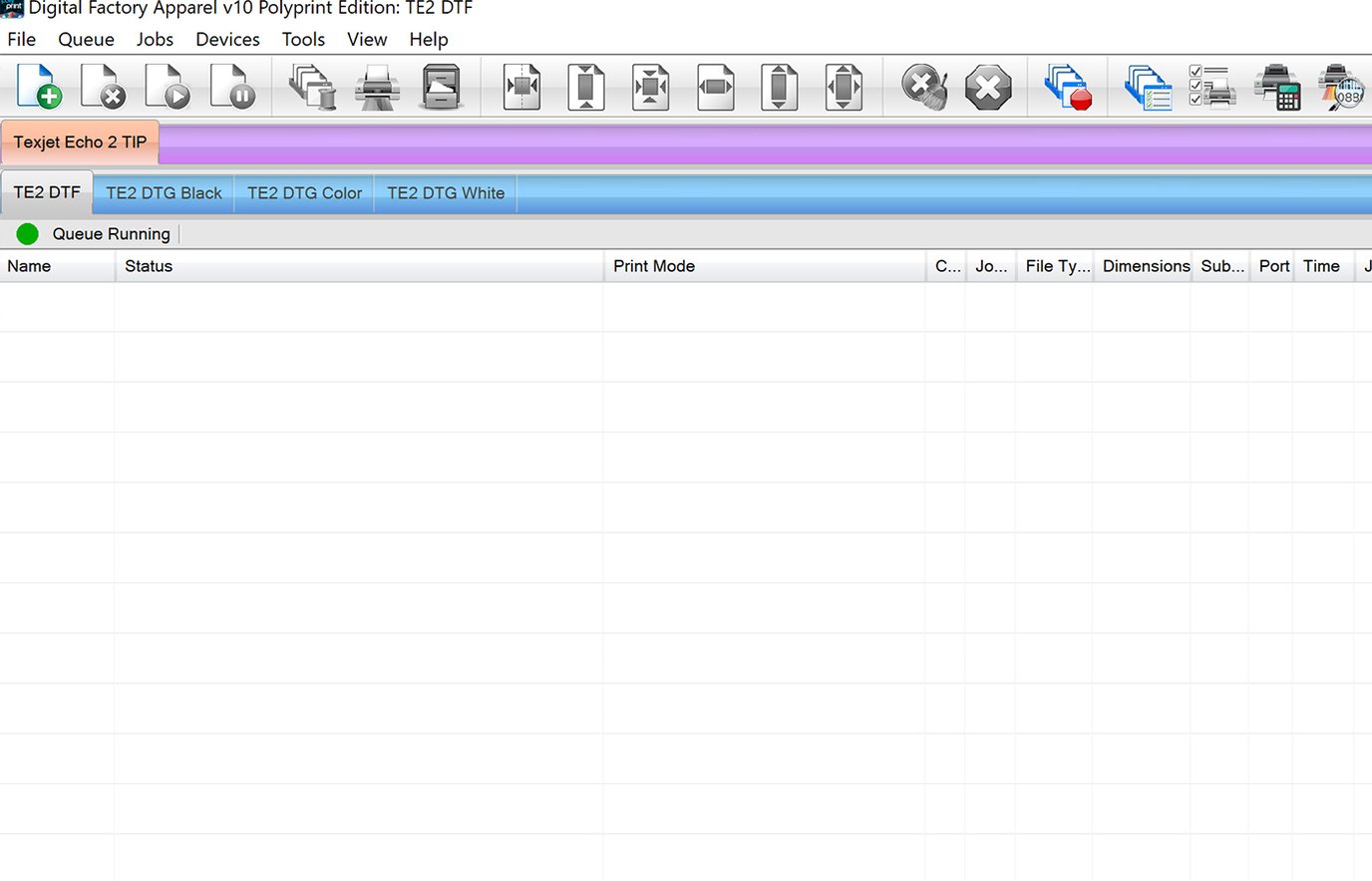 Available print queue tabs on Digital Factory Apparel Polyprint Edition v10